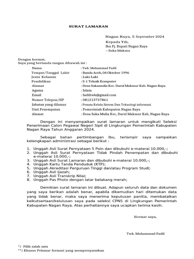 Surat Lamaran Aryn | PDF