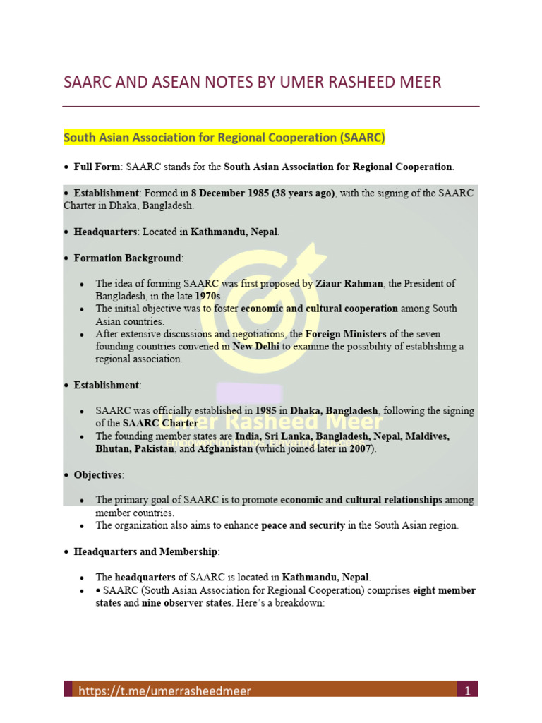 Saarc and Asean Notes by Umer Rasheed Meer | PDF | Economies
