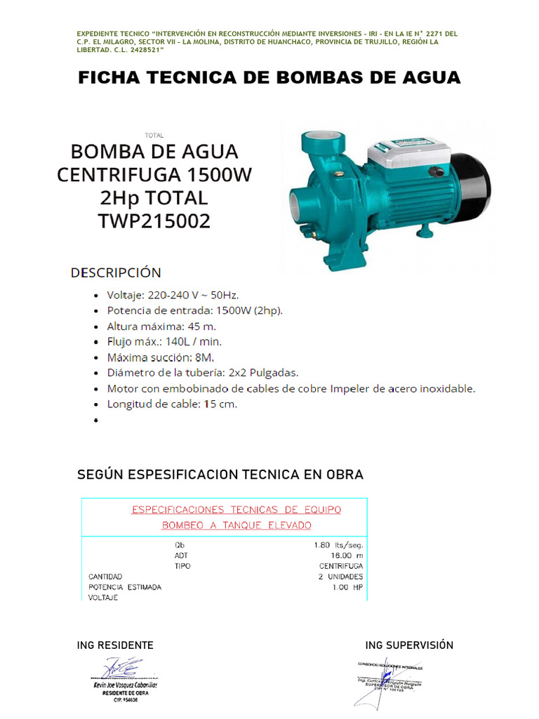 Ficha Tecnica de Bombas de Agua | PDF | Hogar, jardinería y bricolaje