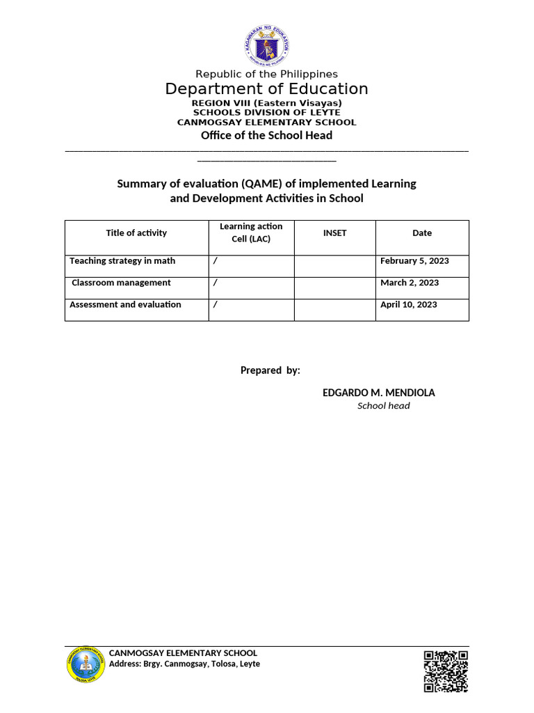 sUMMARY OF EVALUATION QAME | PDF