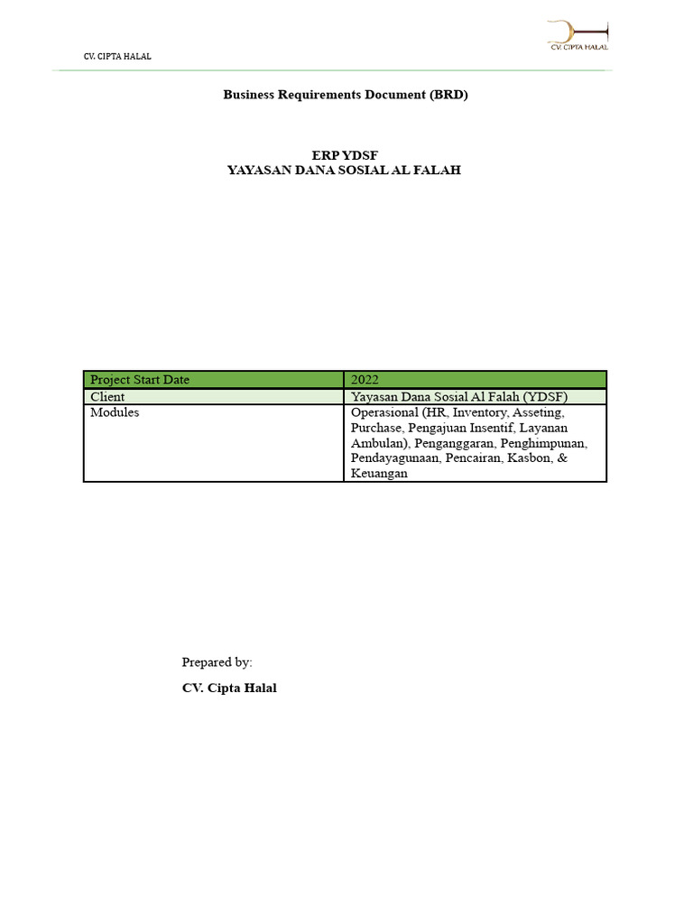 Contoh BRD Erp Ydsf | PDF