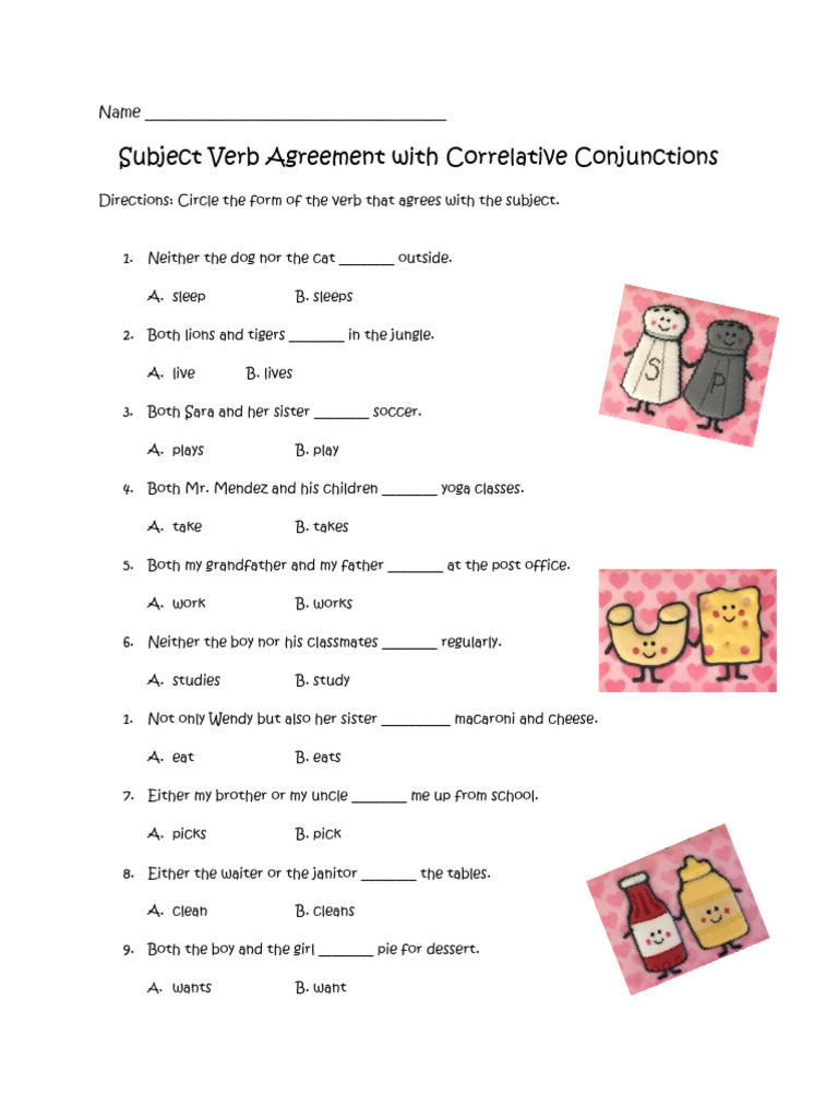 Subject Verb Agreement With Correlative Conjunctions: Name | PDF ...
