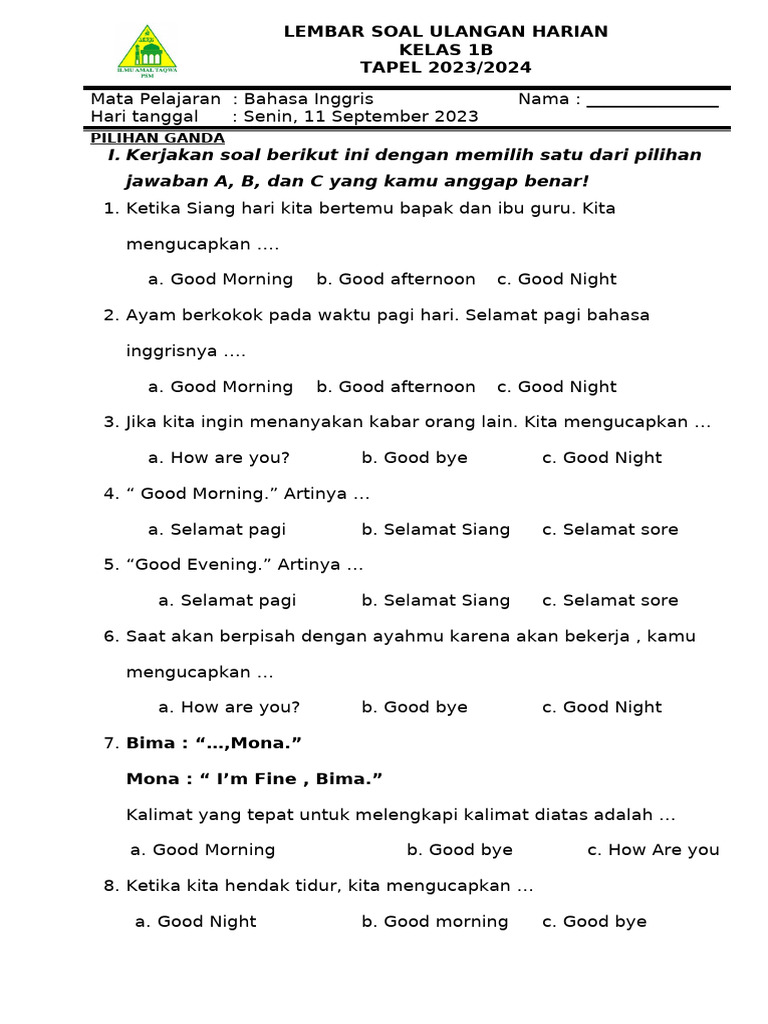 Uh Bing Kelas 1 Bab 2-3 Kurmer 2324 | PDF | Seni & Disiplin Bahasa