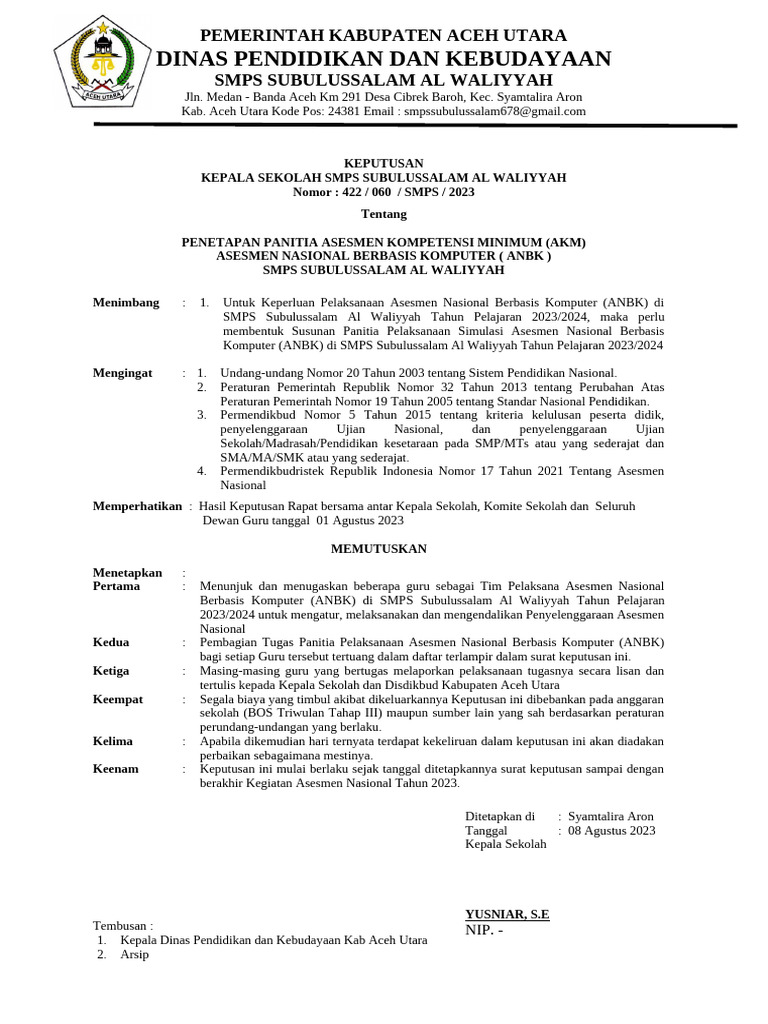 SK Panitia Pelaksana ANBK 2023 SMPN 2 Nibong | PDF