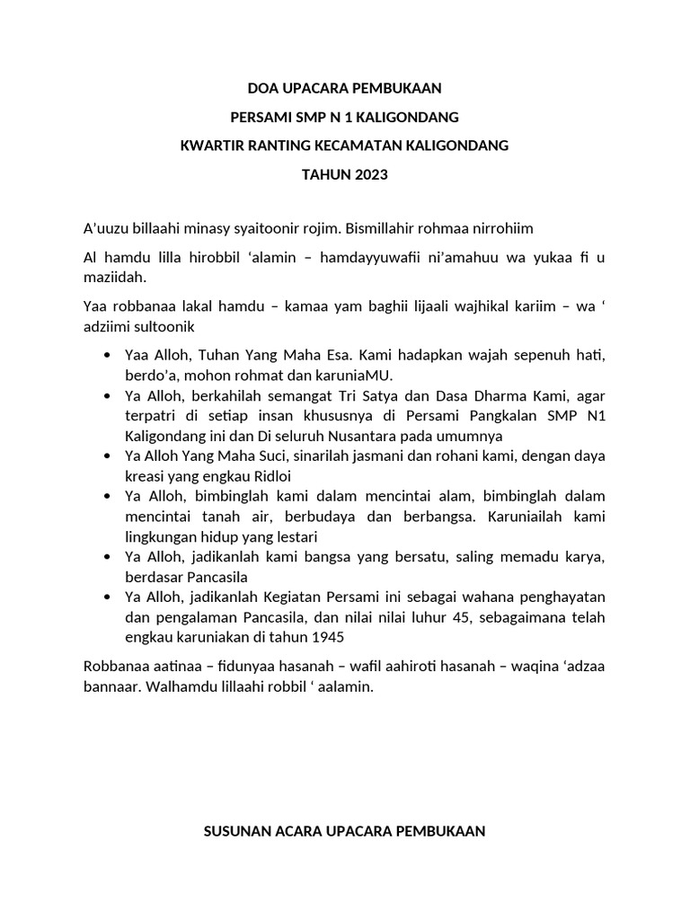 Susunan Acara Pembukaan Dan Doa Pembukaan Persami | PDF | Karier & Perkembangan | Kajian Bahasa ...