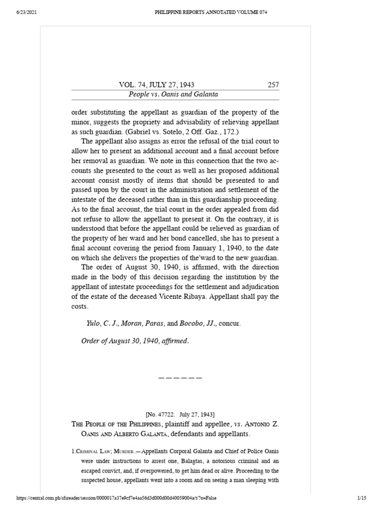 45 - People vs. Oanis 74 Phil 257 | PDF | Legal Guardian | Crimes