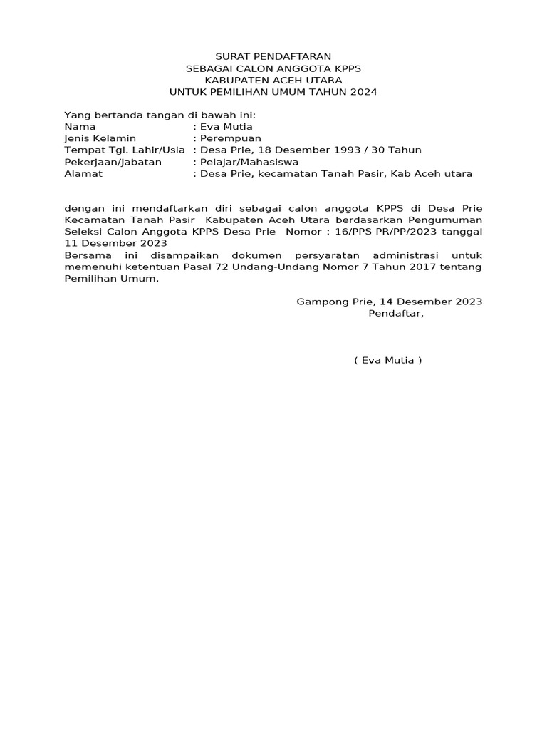FORM PENDAFTARAN, PERNYATAAN DAN DRH CALON KPPS Yanti | PDF