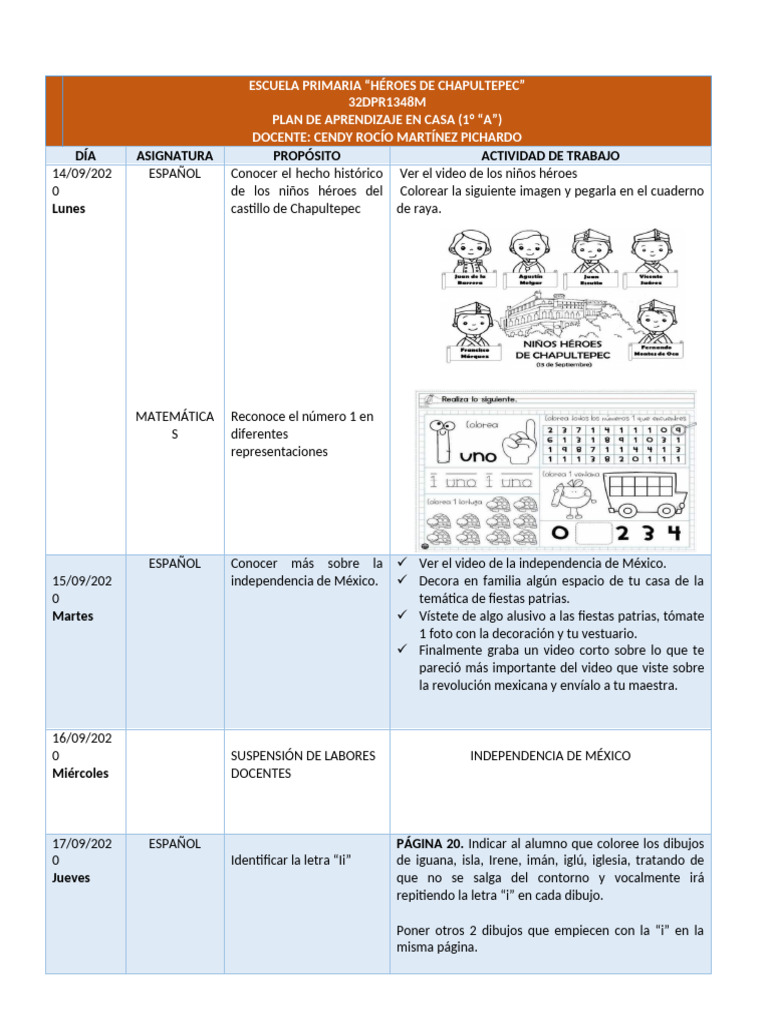 PLAN DE APRENDIZAJE EN CASA 4 Semana de Septiembre | PDF