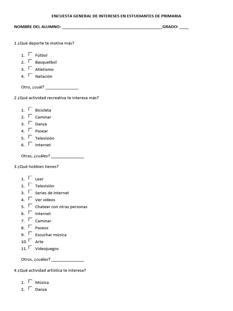 ENCUESTA DE INTERESES PRIMARIA | PDF