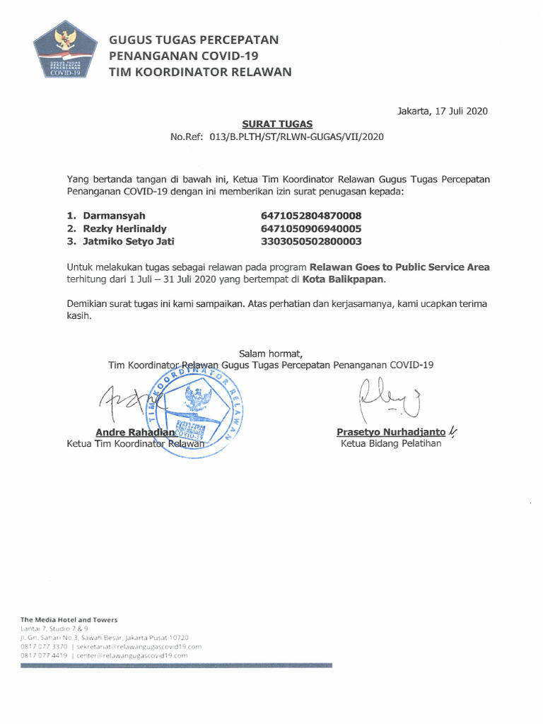 013 - Surat Tugas - Program Relawan Goes To Public Service Area - Kota ...