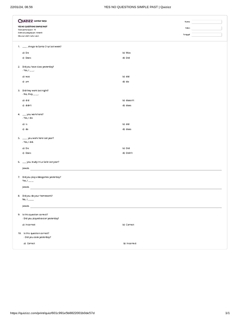 YES NO QUESTIONS SIMPLE PAST 2 - Quizizz | PDF