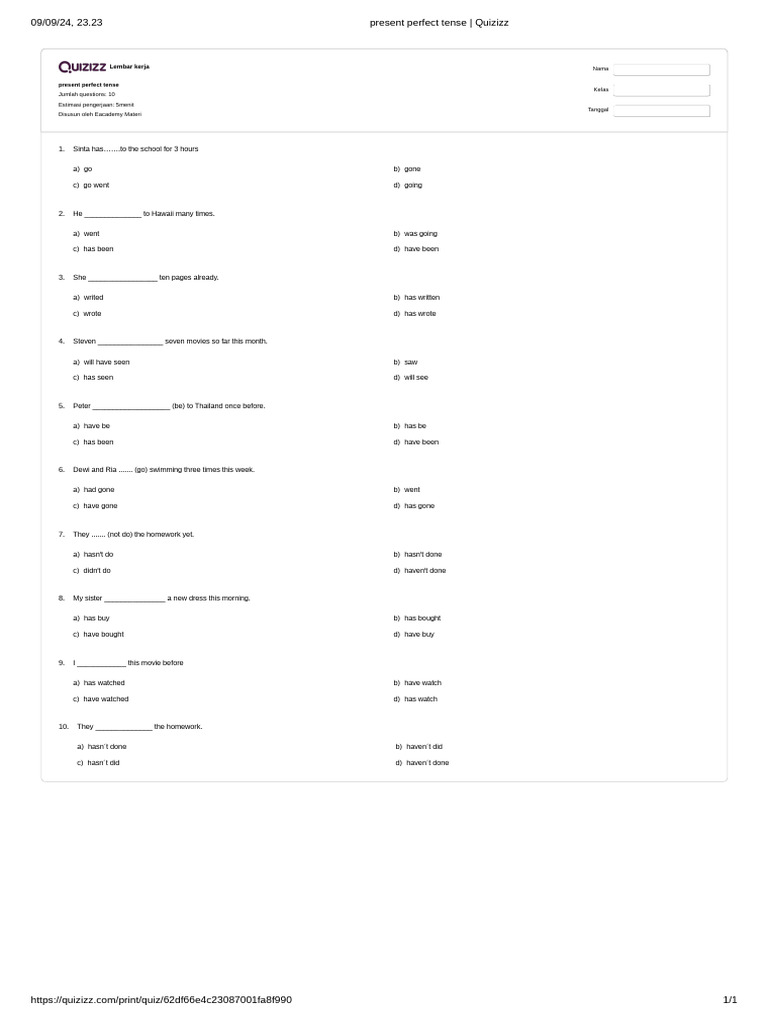Present Perfect Tense Test 2 - Quizizz | PDF | Linguistics | Grammar