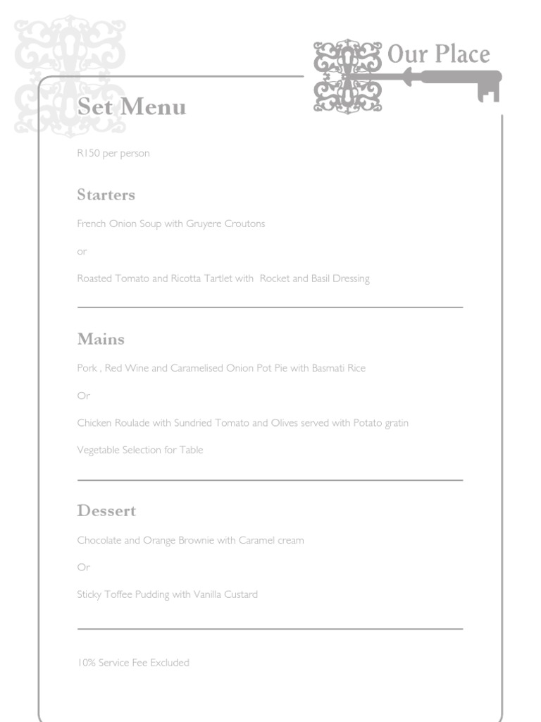 Set Menu Options at R150 per Person | PDF