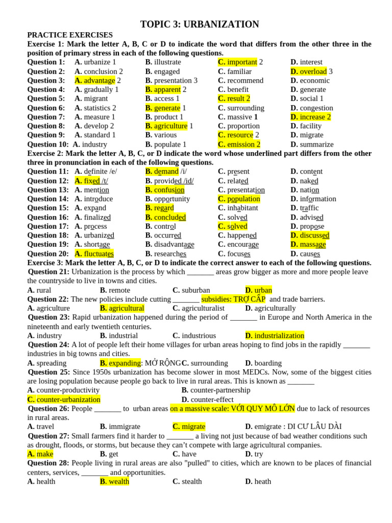 Topic 3. Urbanization. Exe - Key Chi Tiết | PDF | Urbanization | Vietnam
