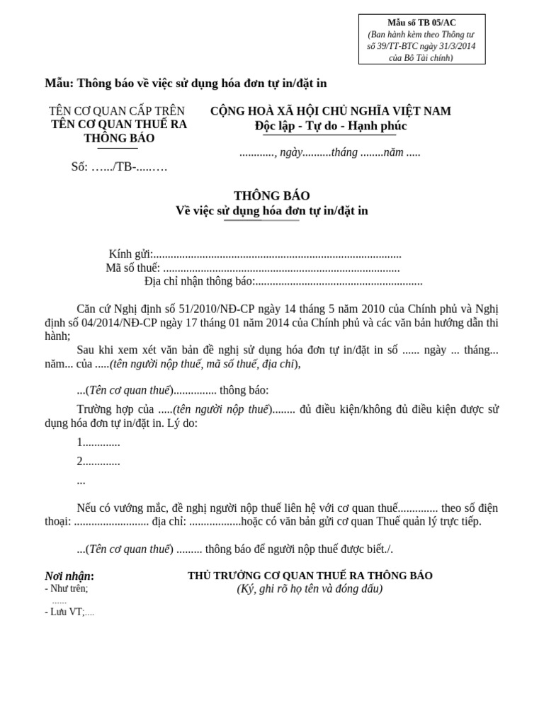 21. Mẫu Thông báo về việc sử dụng hóa đơn tự in, đặt in (TB05-AC) | PDF
