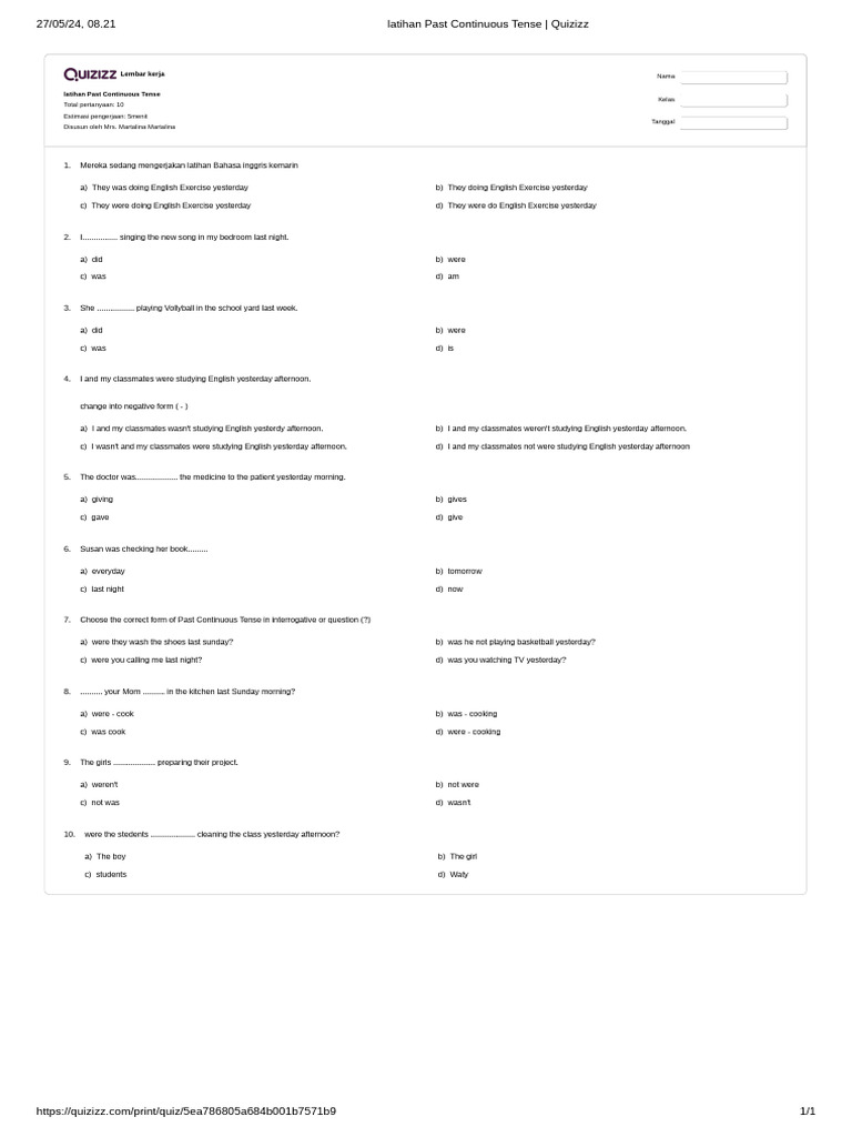 Latihan Past Continuous Tense - Quizizz | PDF