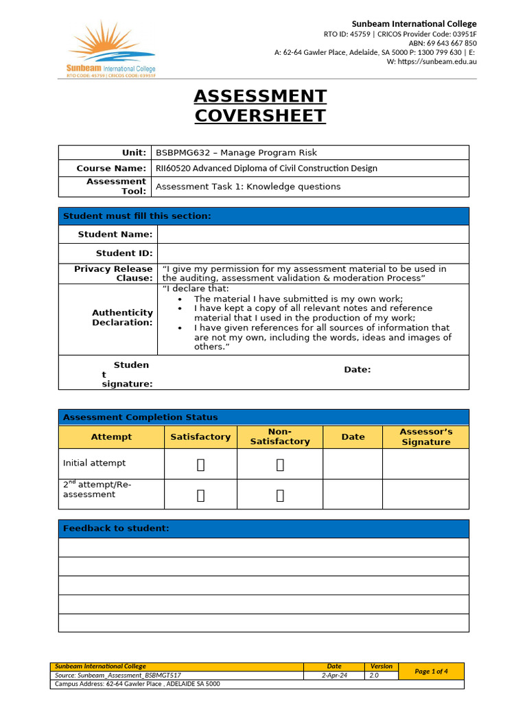 Bsbpmg632 - Assessment Task 1 | PDF | Risk Management | Risk