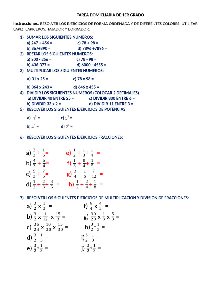 Tarea Matemática de 1er Grado | PDF | Números | Matemáticas