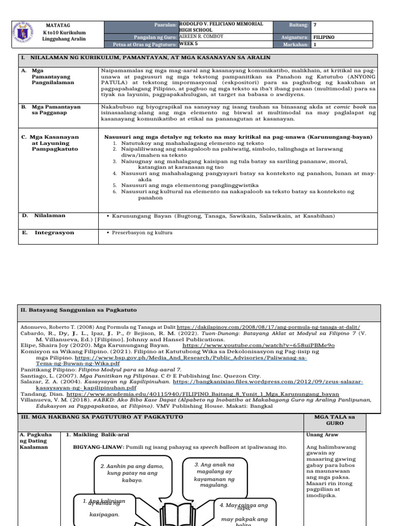DLL Matatag - Filipino 7 Q1 W2 | PDF