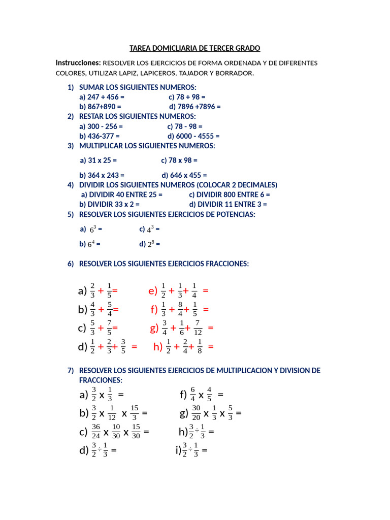Tarea Domicliaria de Tercer Grado | PDF | Números | Notación Matemática