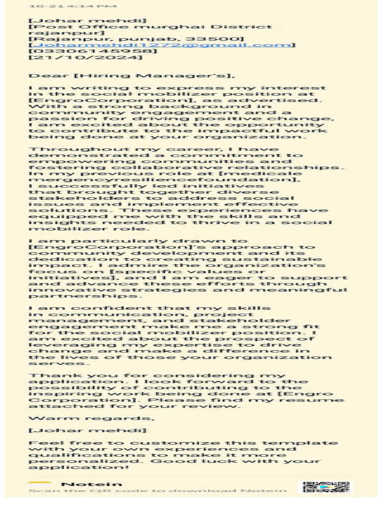 Cover Letter Johar | PDF