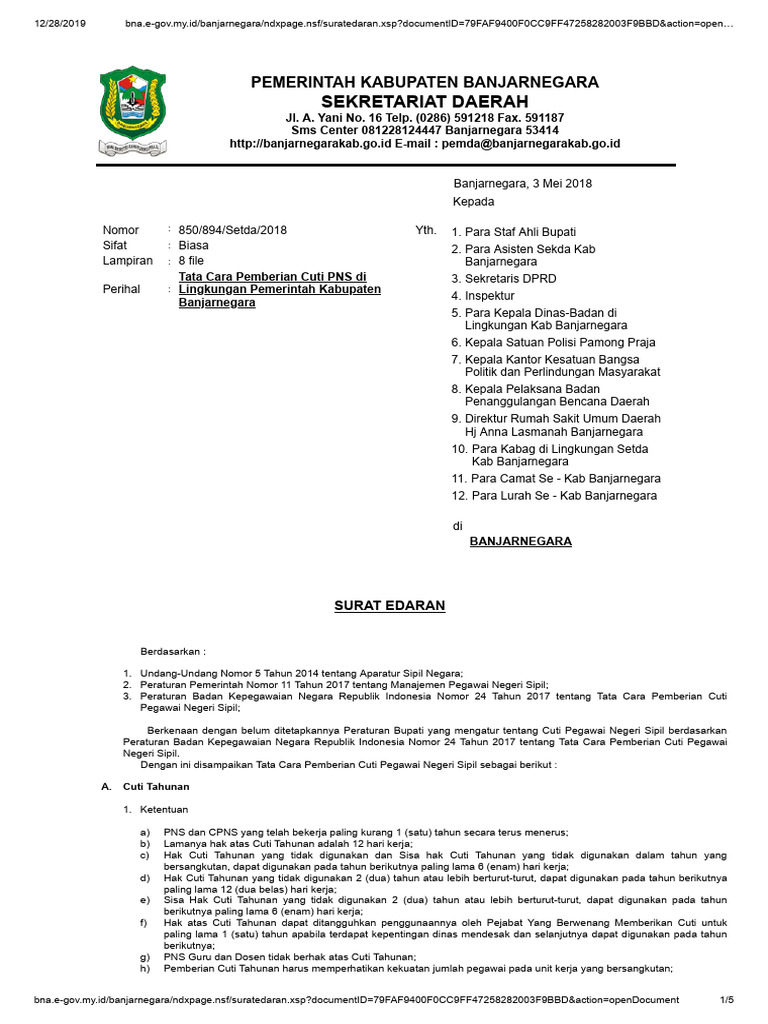 Tata Cara Cuti PNS Banjarnegara | PDF