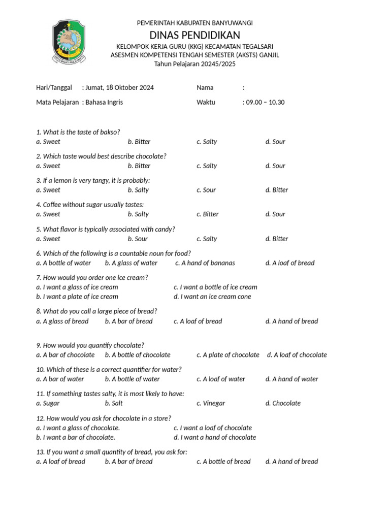 Soal Bhs Inggris Kls 5 | PDF | Taste | Foods