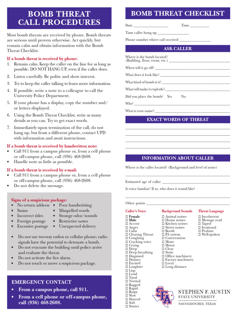 HTTPWWW - Sfasu.educampussafetydocumentssfa Bomb Threat Procedure PDF ...