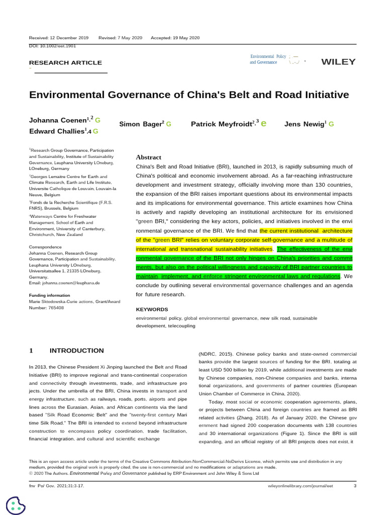 Environmental Governance of China's Belt and Road Initiative | PDF ...