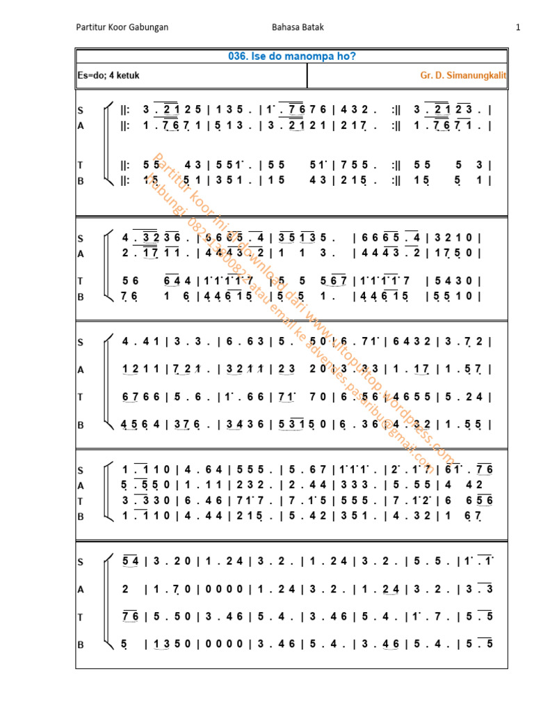 Partitur Koor Gabungan Bahasa Batak | PDF