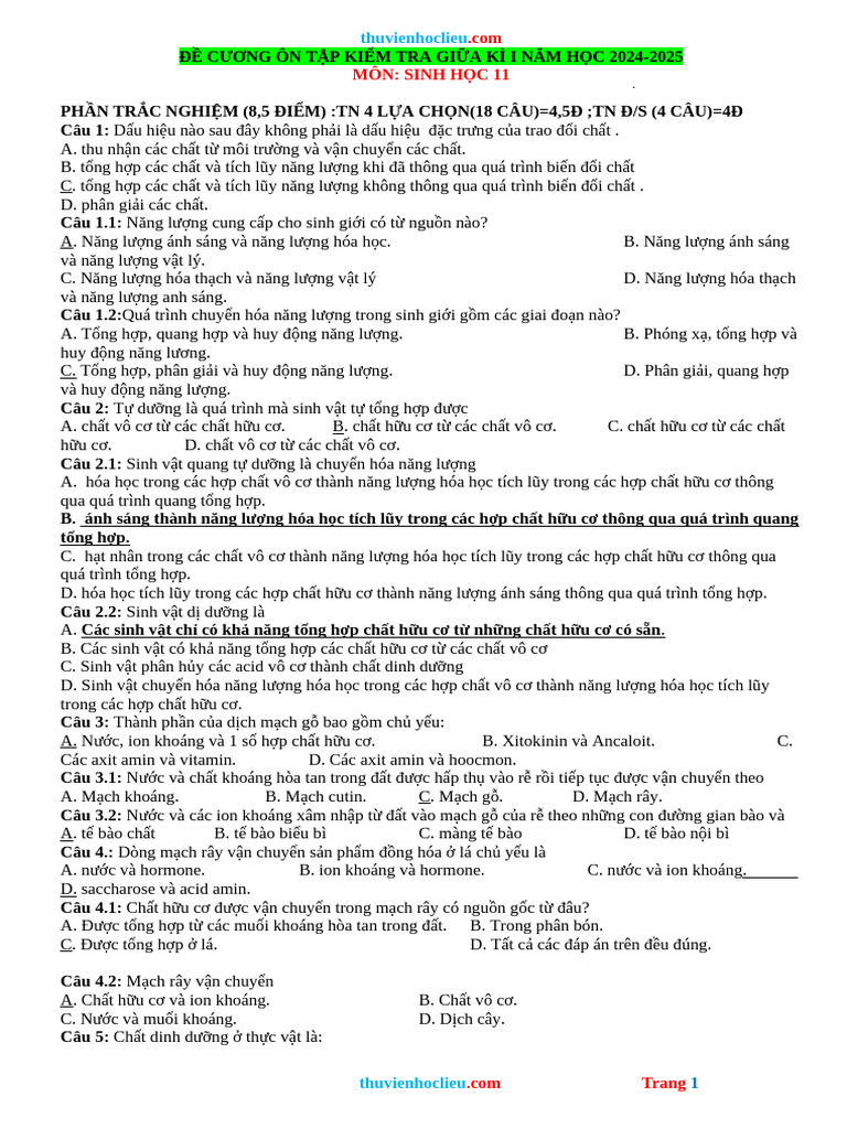 De Cuong On Tap Giua HK1 Sinh 11 Canh Dieu | PDF