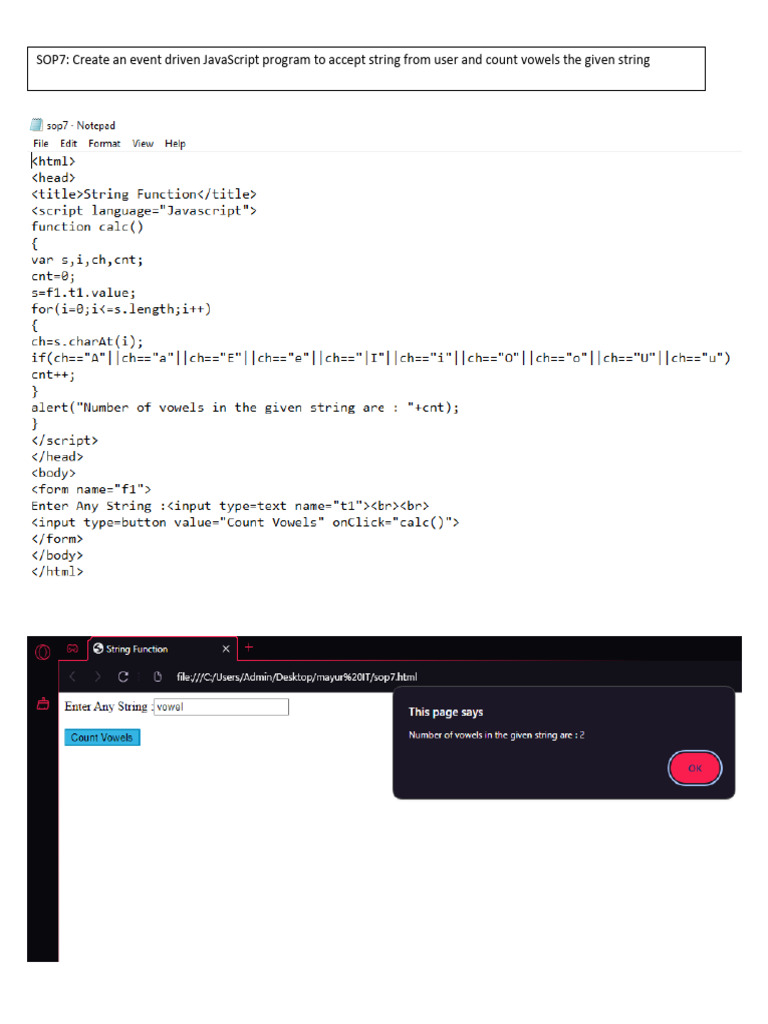 Sop7: Create An Event Driven Javascript Program To Accept String From User and Count Vowels The ...