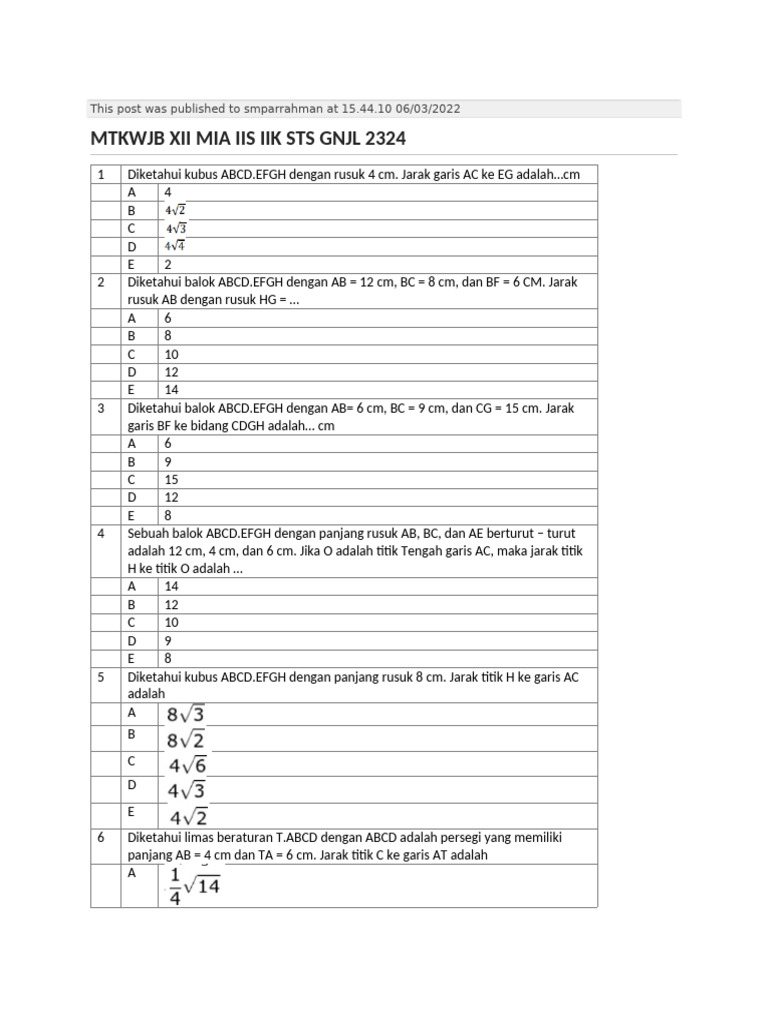 Soal MTK Wajib Xii Mia, Iis, Iik | PDF | Metode & Bahan Ajar