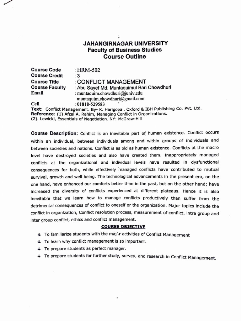 Conflict Management Course Outline Pdf
