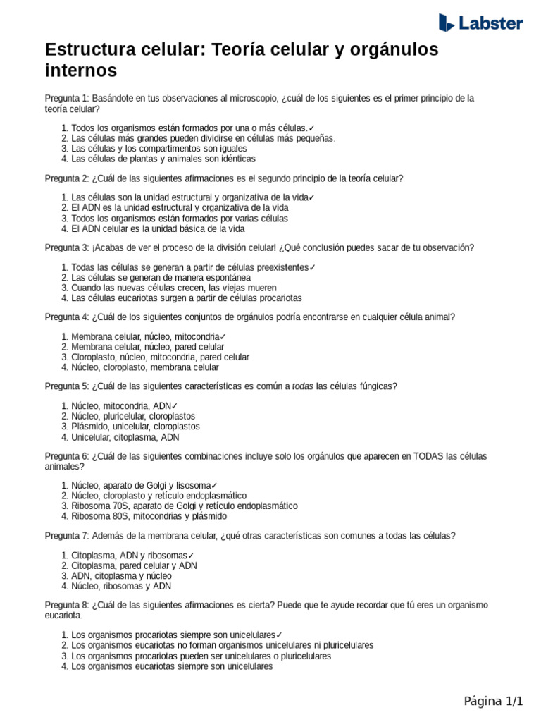 CEL Estructura Celular Teoria Celular y Organulos Internos Preguntas Del Cuestionario ...