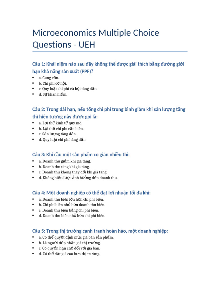 Microeconomics UEH 50 Questions | PDF