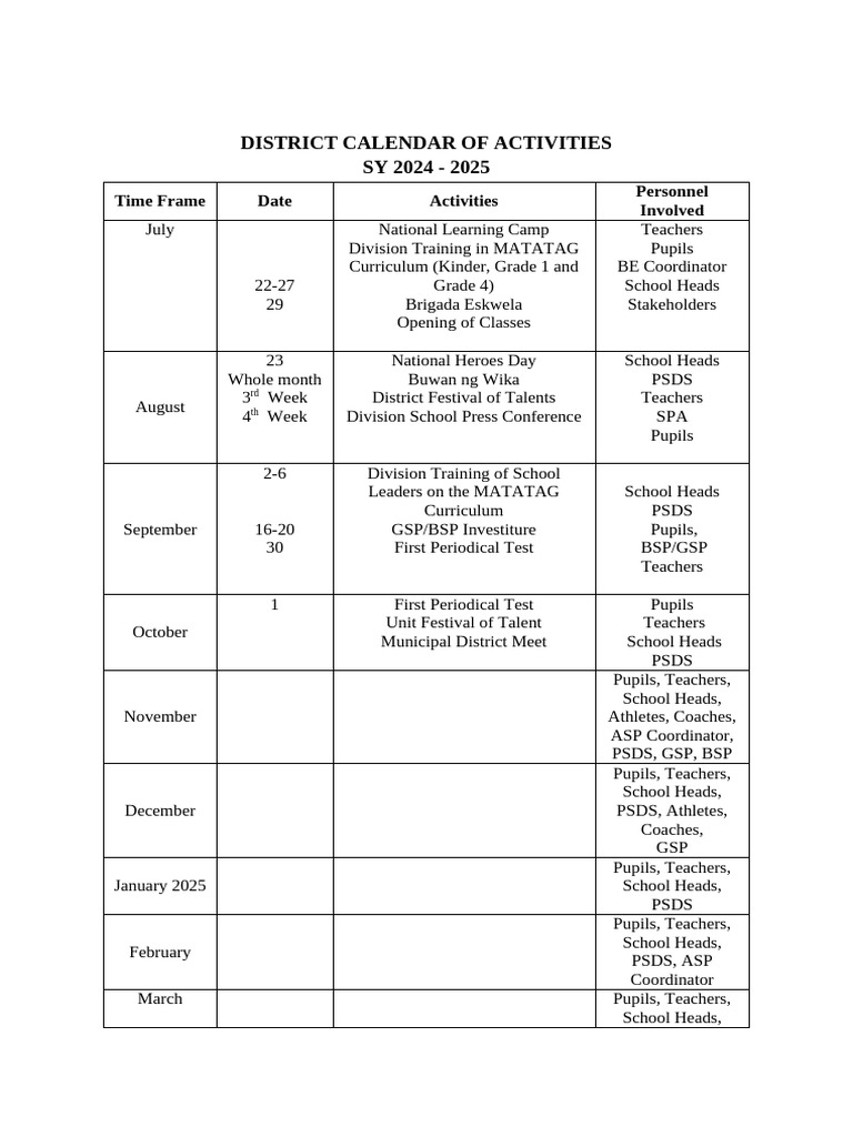 District Activities Calendar SY 2024-2025 | PDF