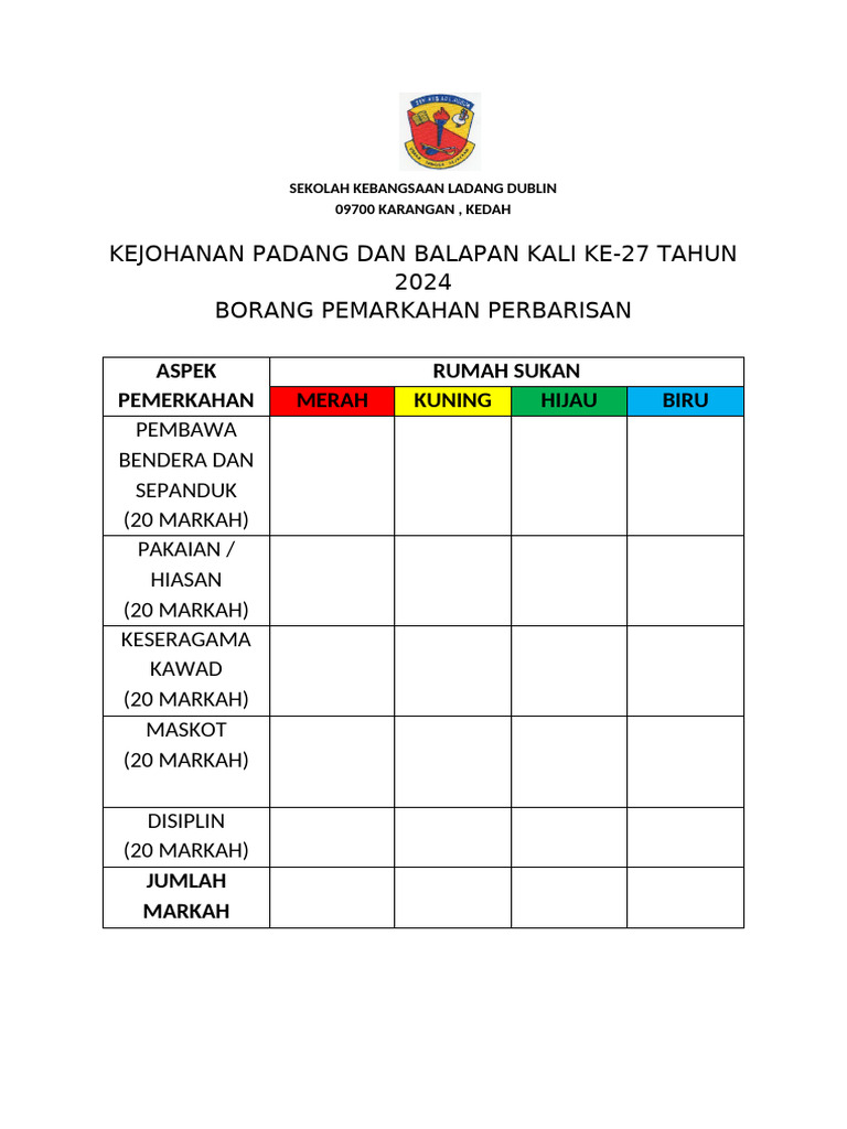 Borang Markah Perbarisan Rumah Sukan | PDF