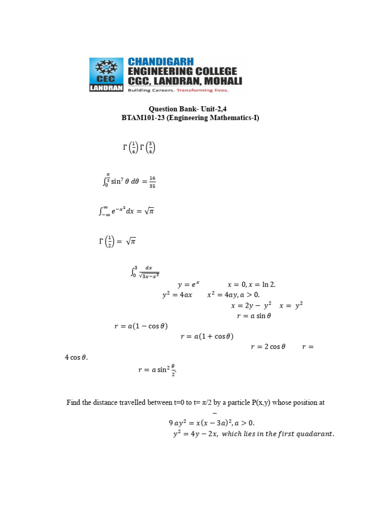 Question Bank Unit-2,4 | PDF | Area | Integral