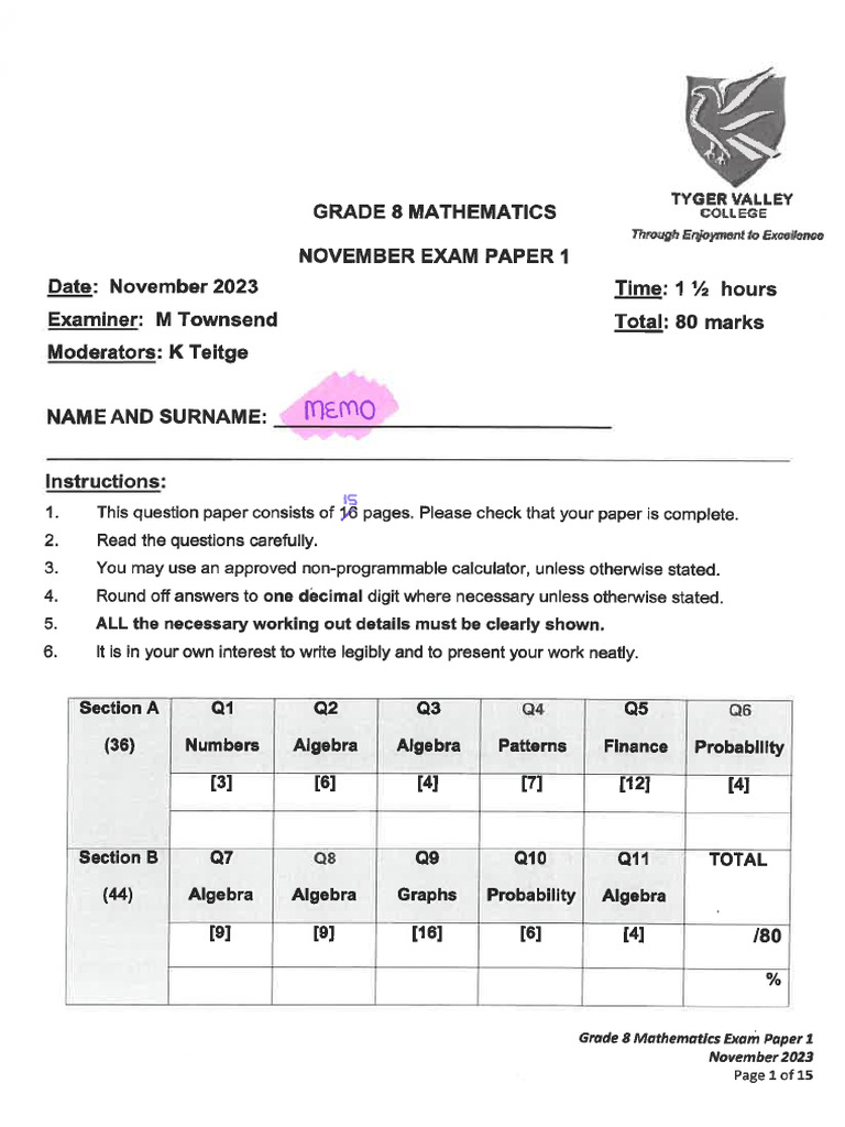 2023 - Grade 8 Paper 1 Exam Memo math | PDF