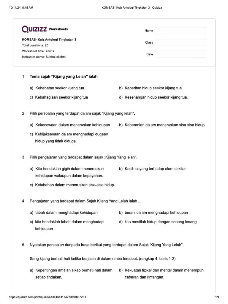 Latihan Antologi T3 (KUIZ) | PDF