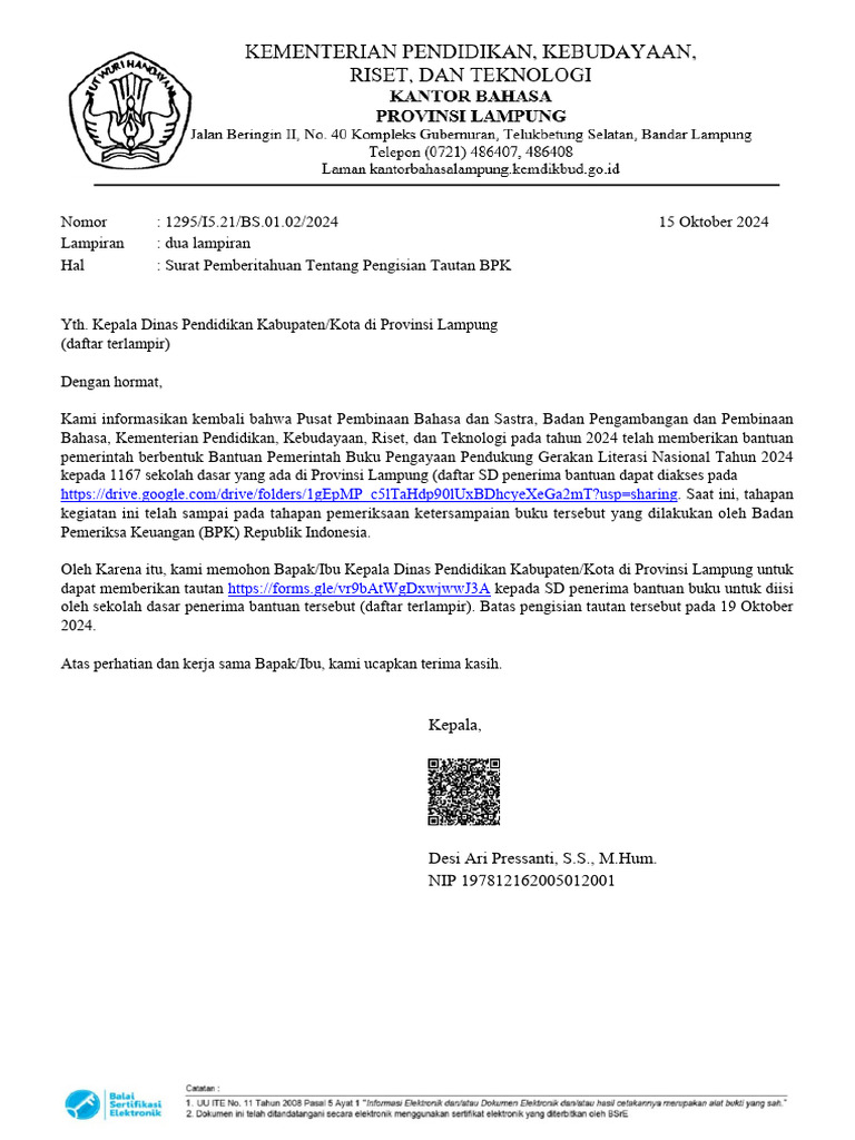 Surat Permohoan Pengisian Tautan BPK | PDF