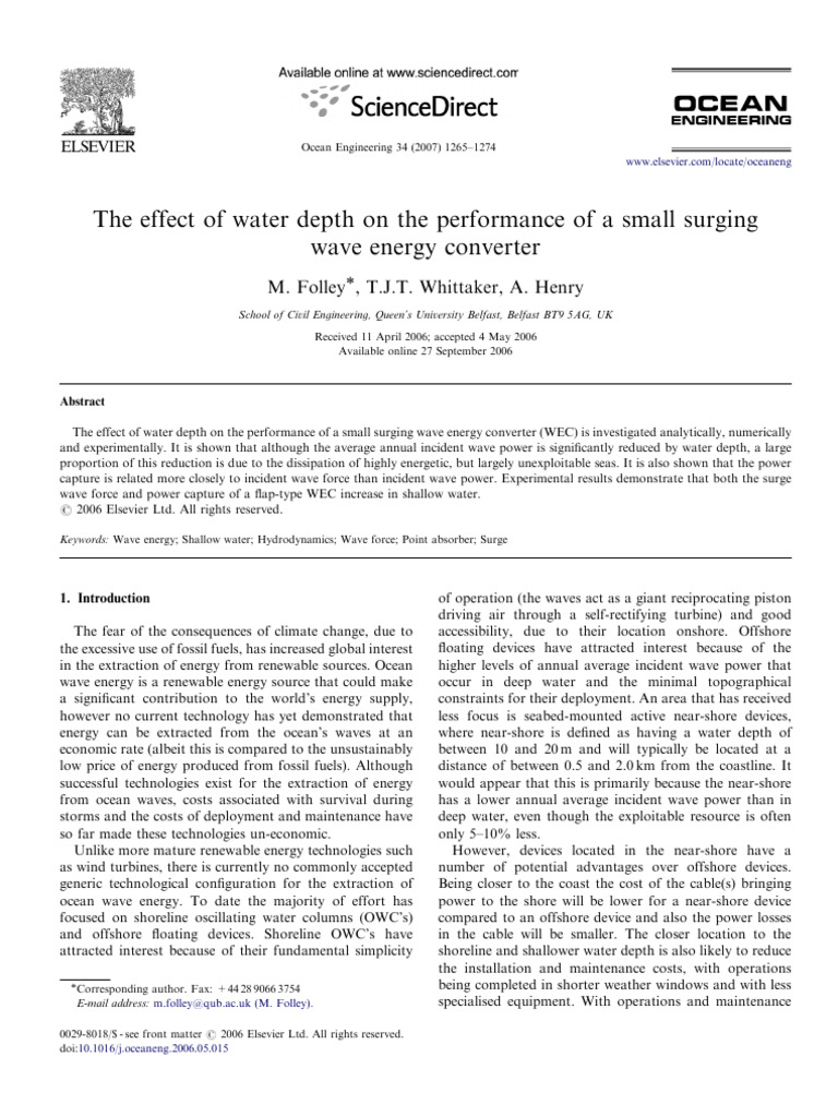 Effect of Water Depth On Performance of A Small Surging WEC - Folley ...