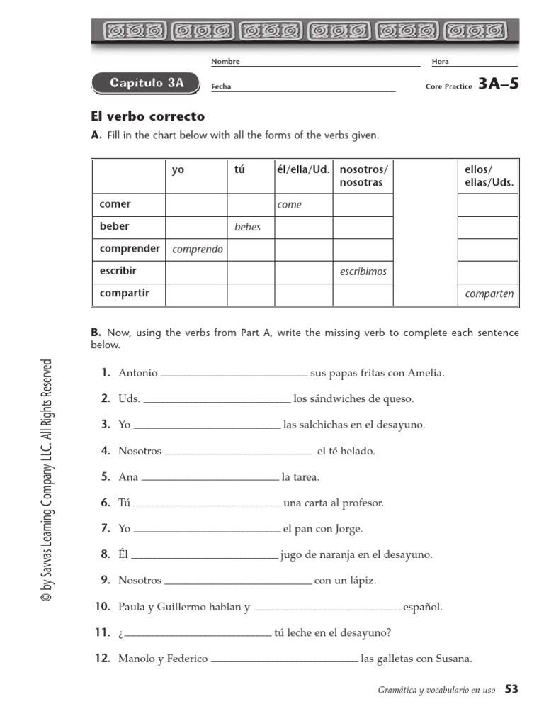 Printable Core Activity - El Verbo Correcto | PDF | Cocina