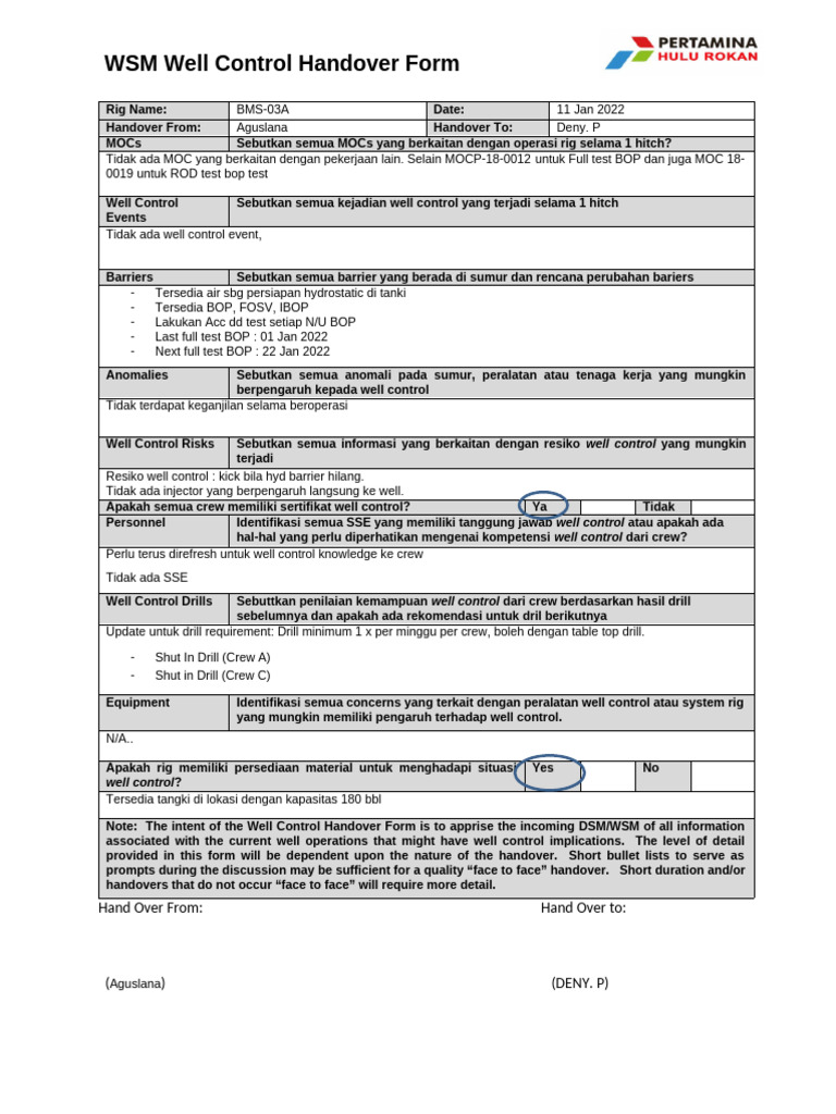 4. WSM Well Control Handover | PDF
