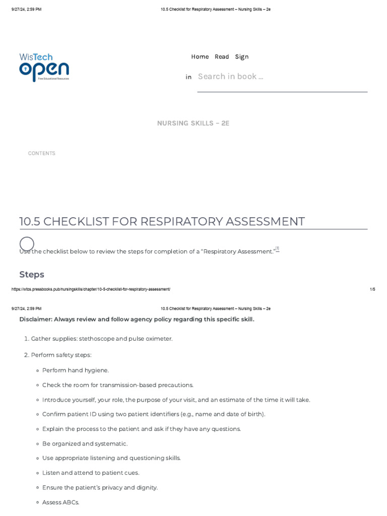 10.5 Checklist For Respiratory Assessment - Nursing Skills - 2e | PDF ...