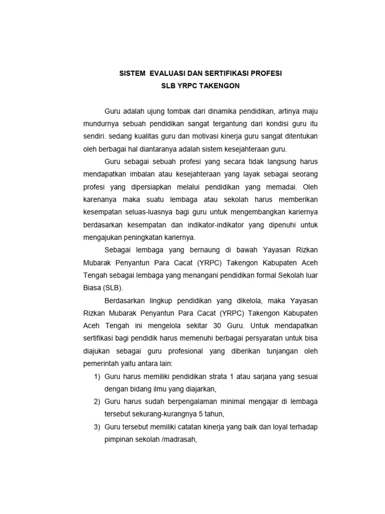 Sistem Evaluasi Dan Sertifikasi SLB YRPC | PDF