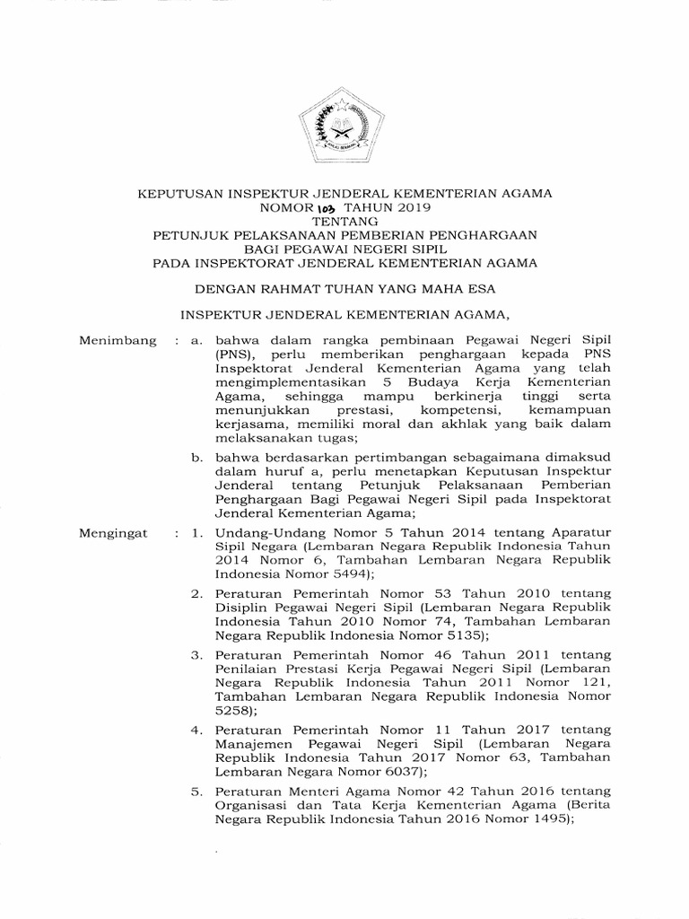 Kep - Irjen - 103-2019 - Juklak - Penghargaan PNS | PDF | Karier & Perkembangan | Bisnis
