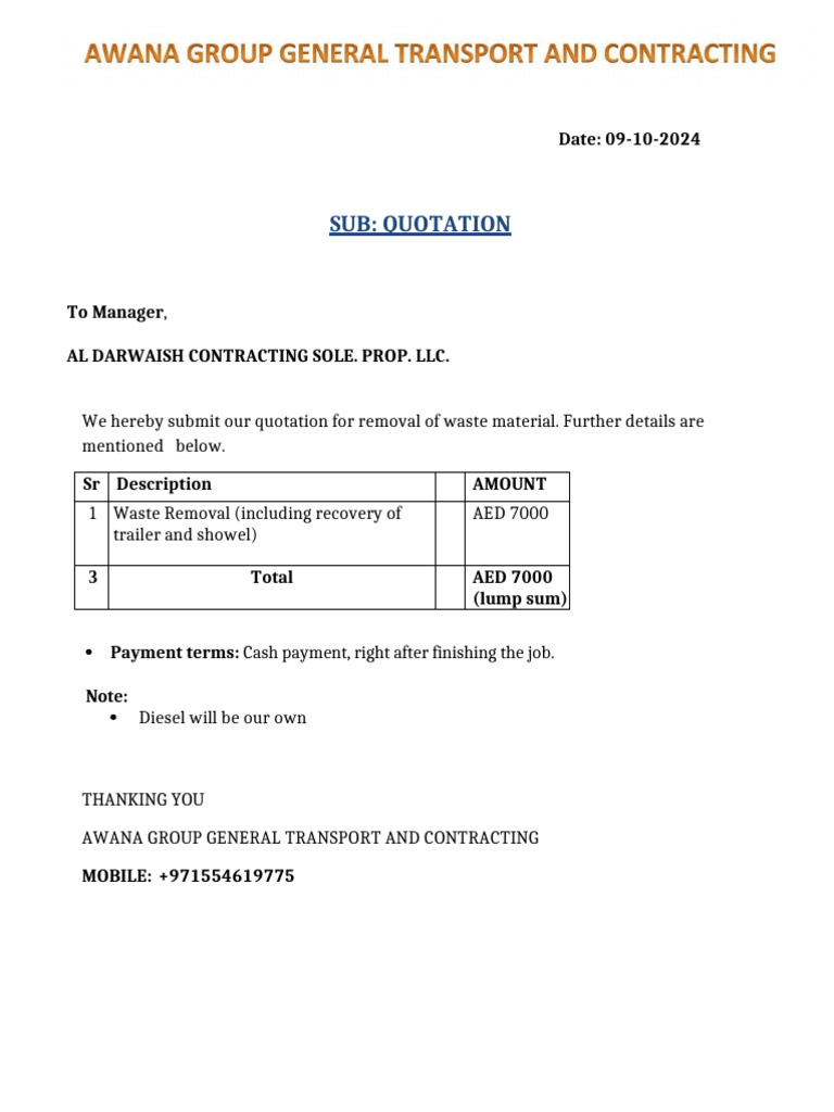 Awana Group Waste Removal Quotation | PDF | Business | Finance & Money ...