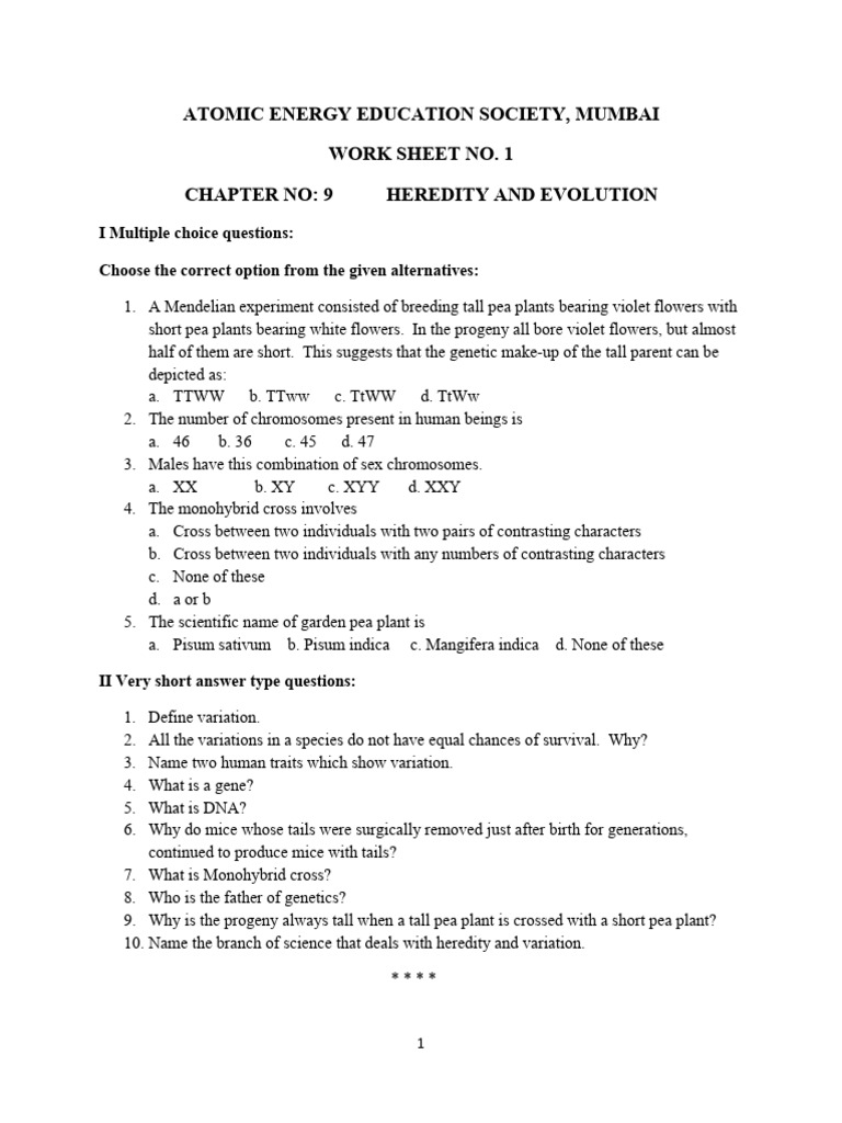 Class - X - Science - Heredity and Evolution - WORK SHEETS 1 & 2 PDF ...
